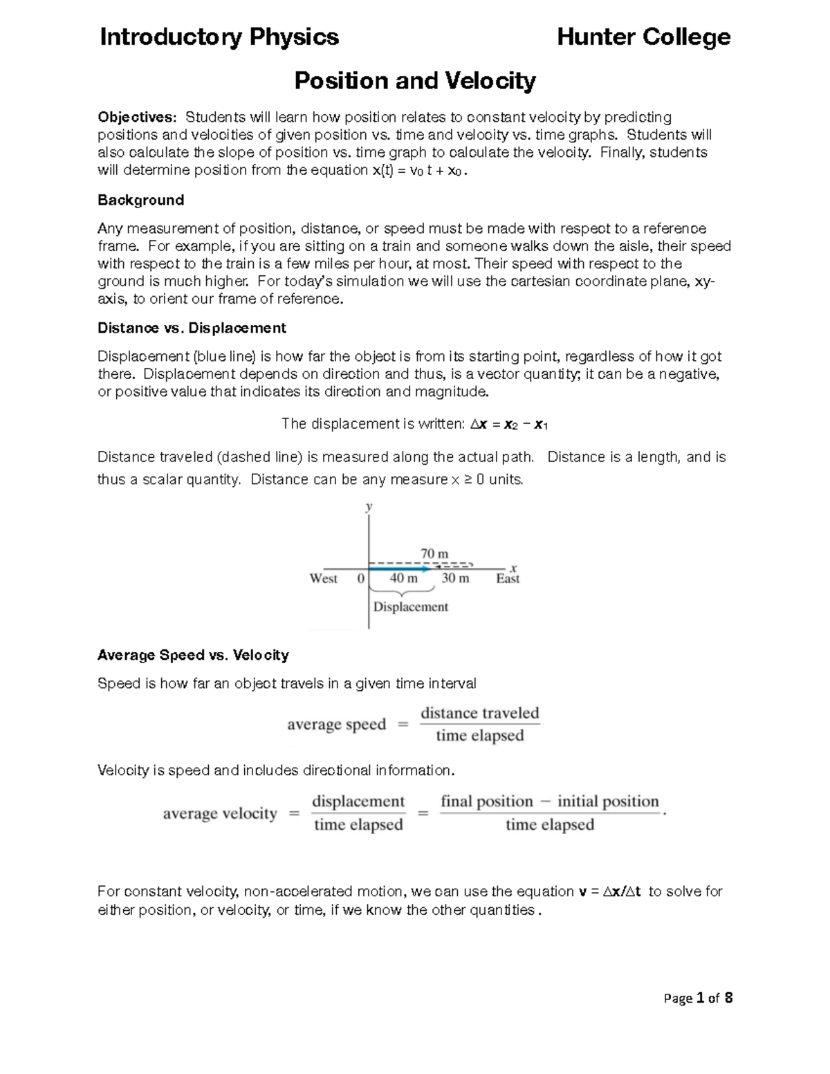 Lab 1 Phys - Lab 1 - Introductory Physics Hunter College Position and ...