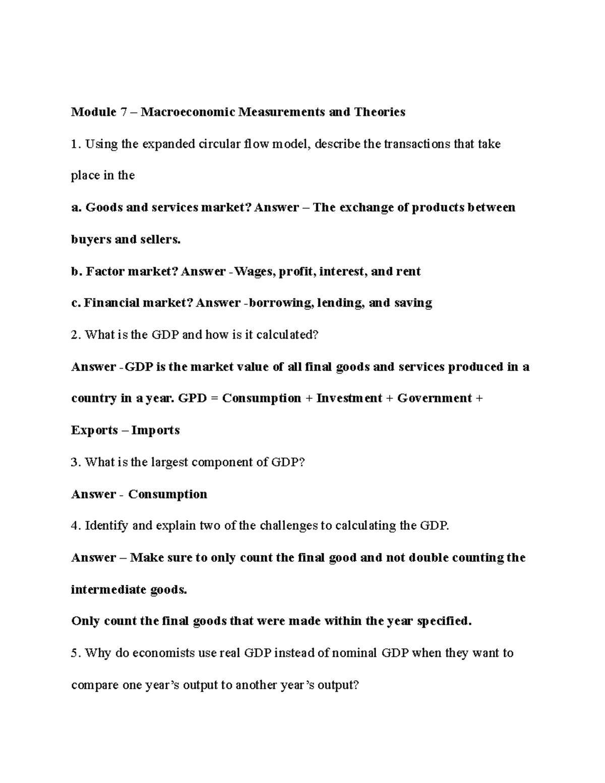 Macro study guide - Module 7 – Macroeconomic Measurements and Theories ...