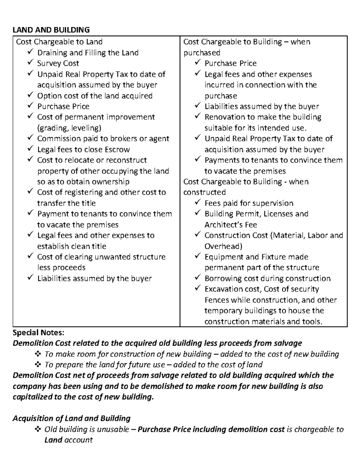 land building notes - LAND AND BUILDING Cost Chargeable to Land ...
