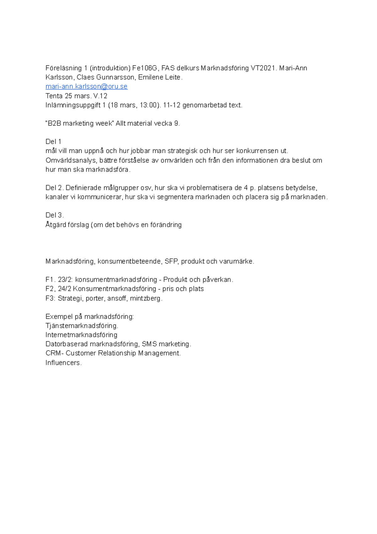 Marknadsföring föreläsningar. jfjfjfjf fjfj - Föreläsning 1 ...