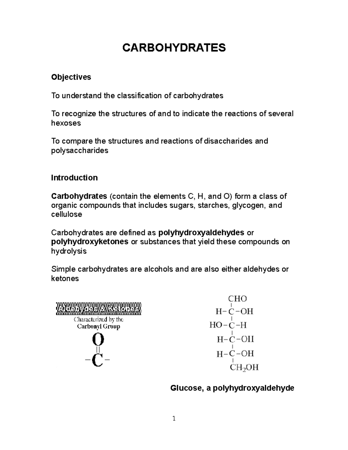 1. Carbohydrates - biochem summary - CARBOHYDRATES Objectives To ...