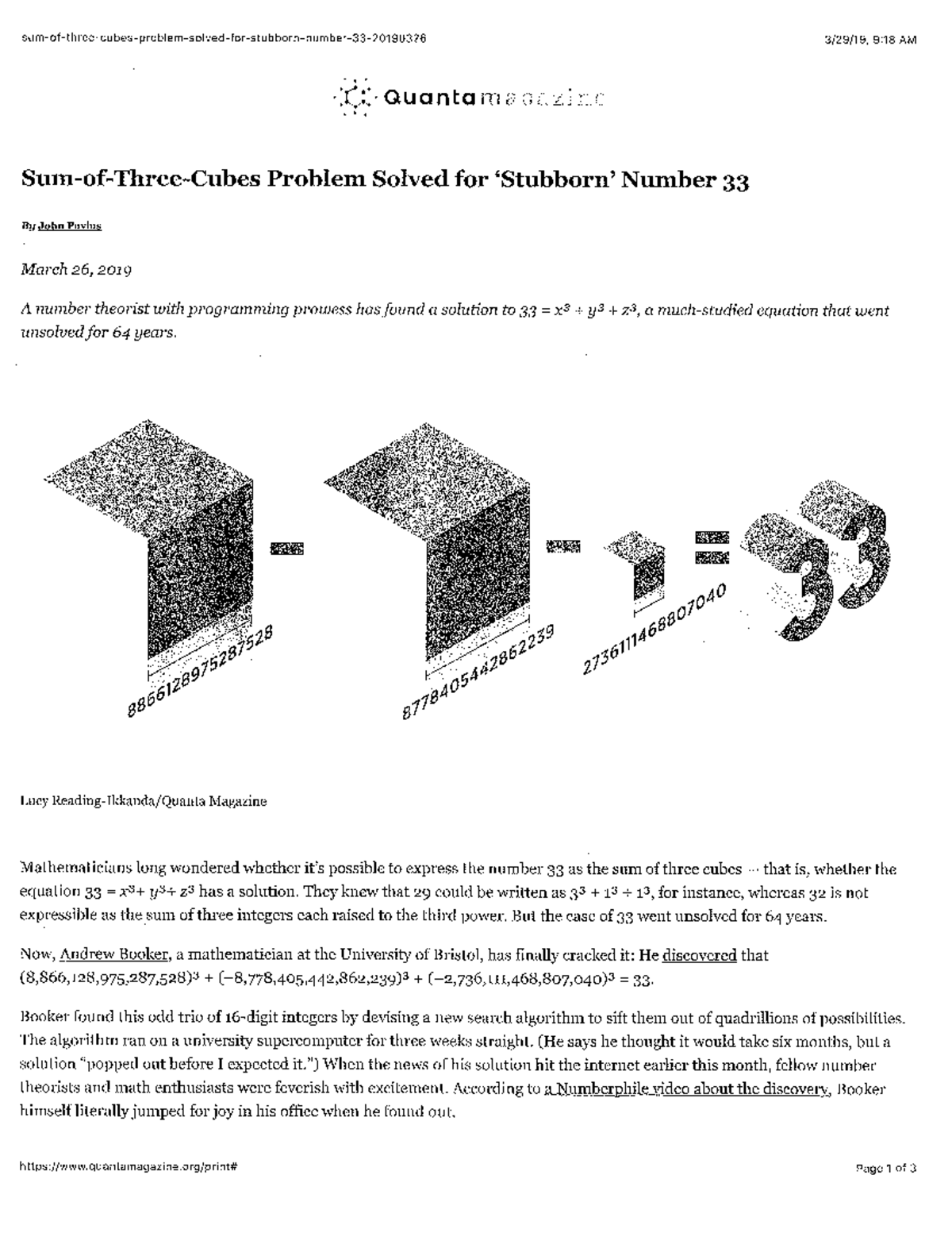 Sum of Three Cubes article - 9:18 AM Problem Solved for Number 33 John Pavlus March 26, 2019 A ...