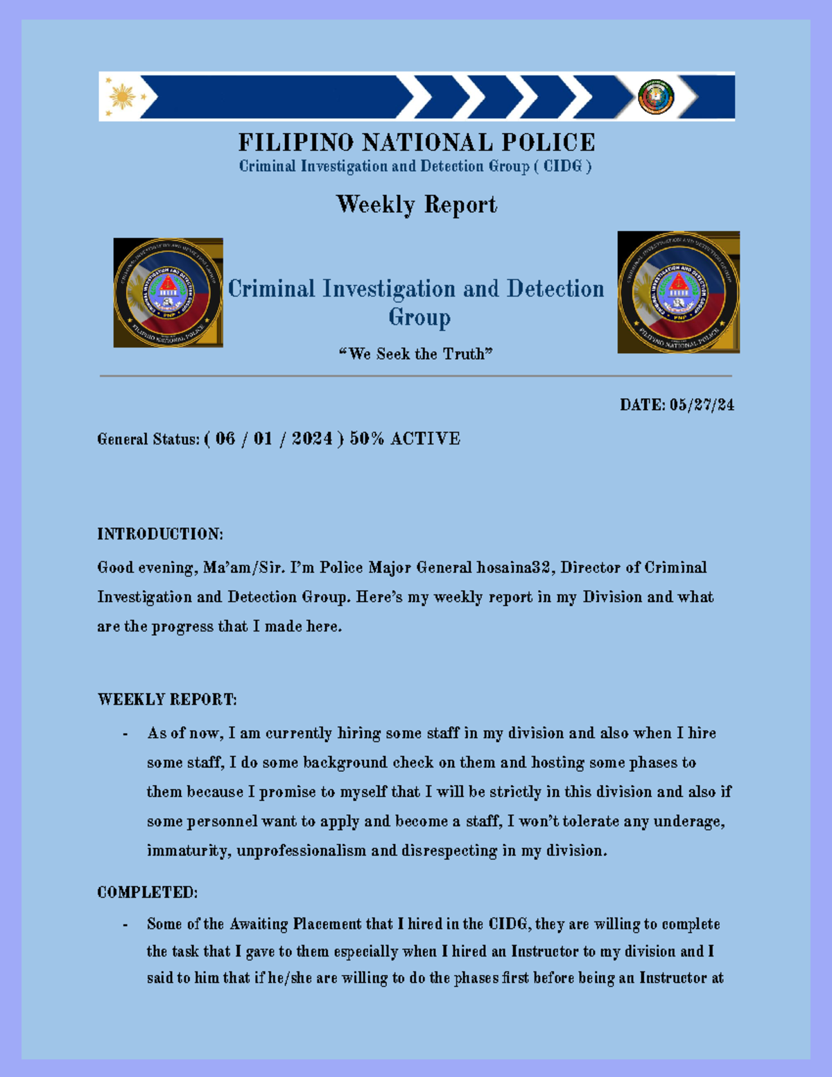 Weekly Report of CIDG - ehh - FILIPINO NATIONAL POLICE Criminal ...