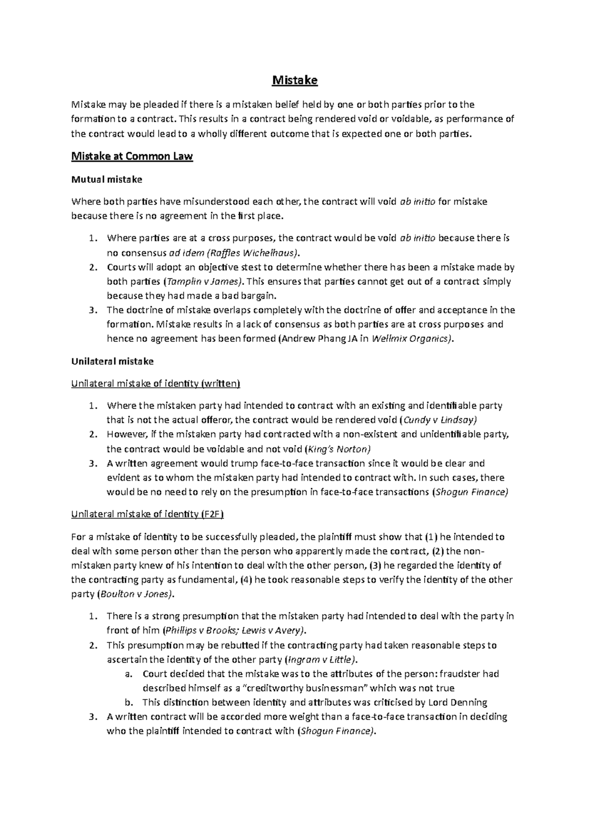 10 Mistake Notes - Summary Law of Contract - Mistake Mistake may be ...