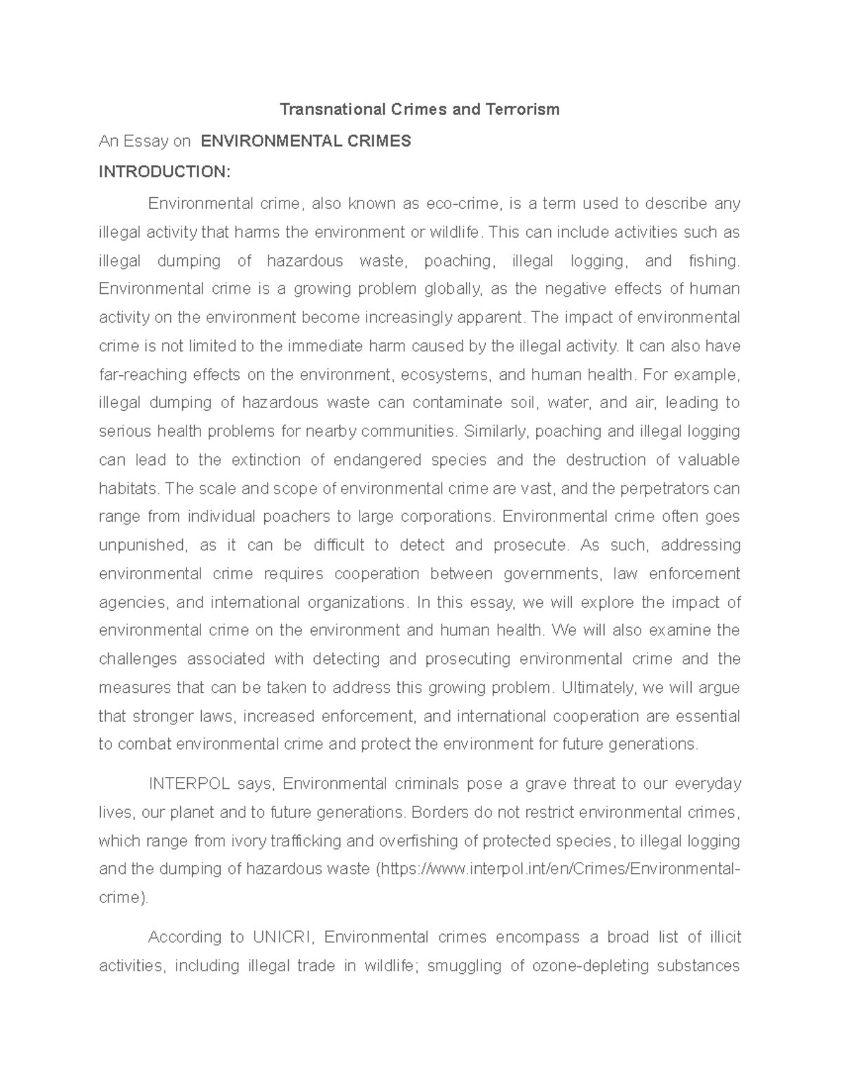 Environmental crimes - Transnational Crimes and Terrorism An Essay on ...