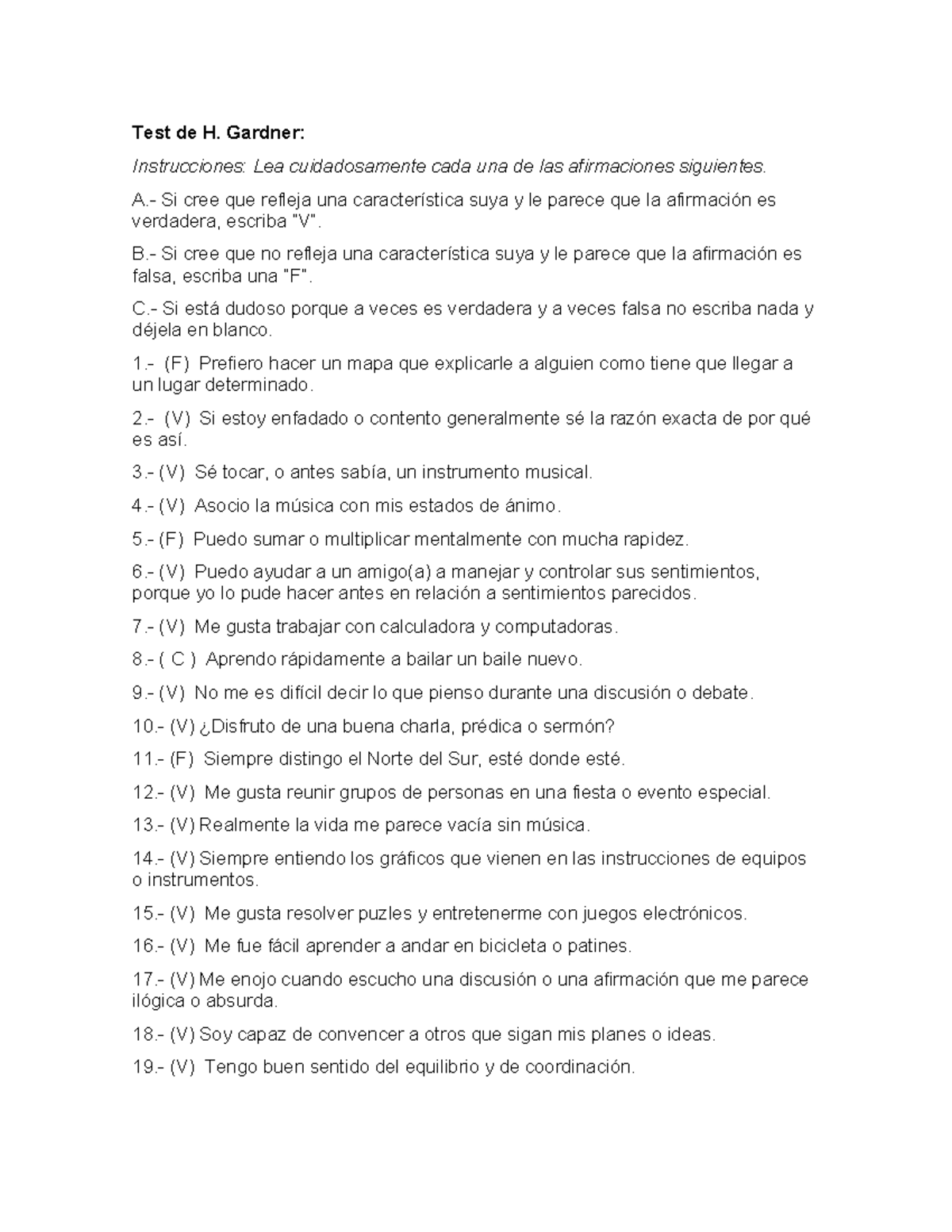 Test de Inteligencias Múltiples - Test de H. Gardner: Instrucciones ...