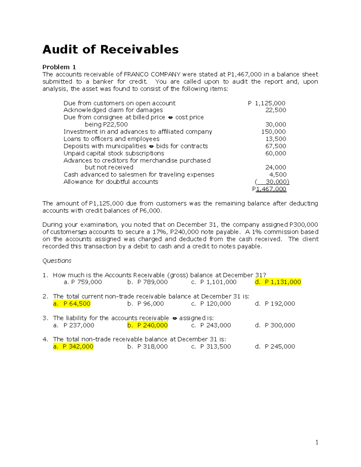 Audit of Receivables Problem Solving Part 1 - Audit of Receivables ...