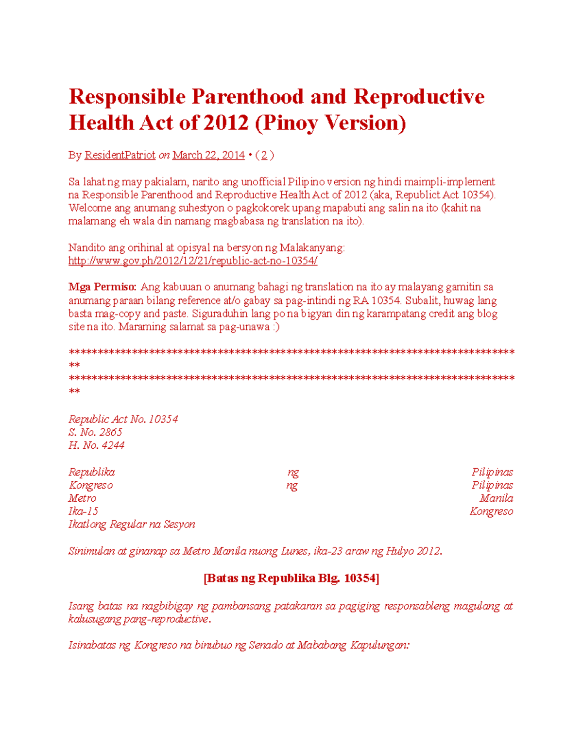 RA 10354 Responsible Parenthood and Reproductive Health Act of 2012 ...