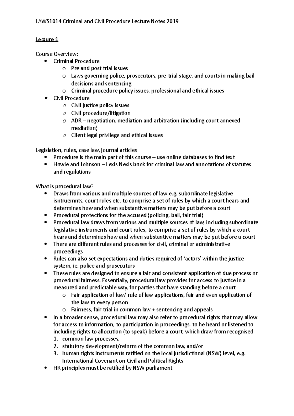 LAWS1014 Civil and Criminal Procedure Lecture Notes 2019 - Lecture 1 ...