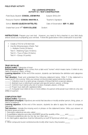 EDU 601 P2 Learning Episode 5 - FIELD STUDY ACTIVITY FS2: LEARNING ...