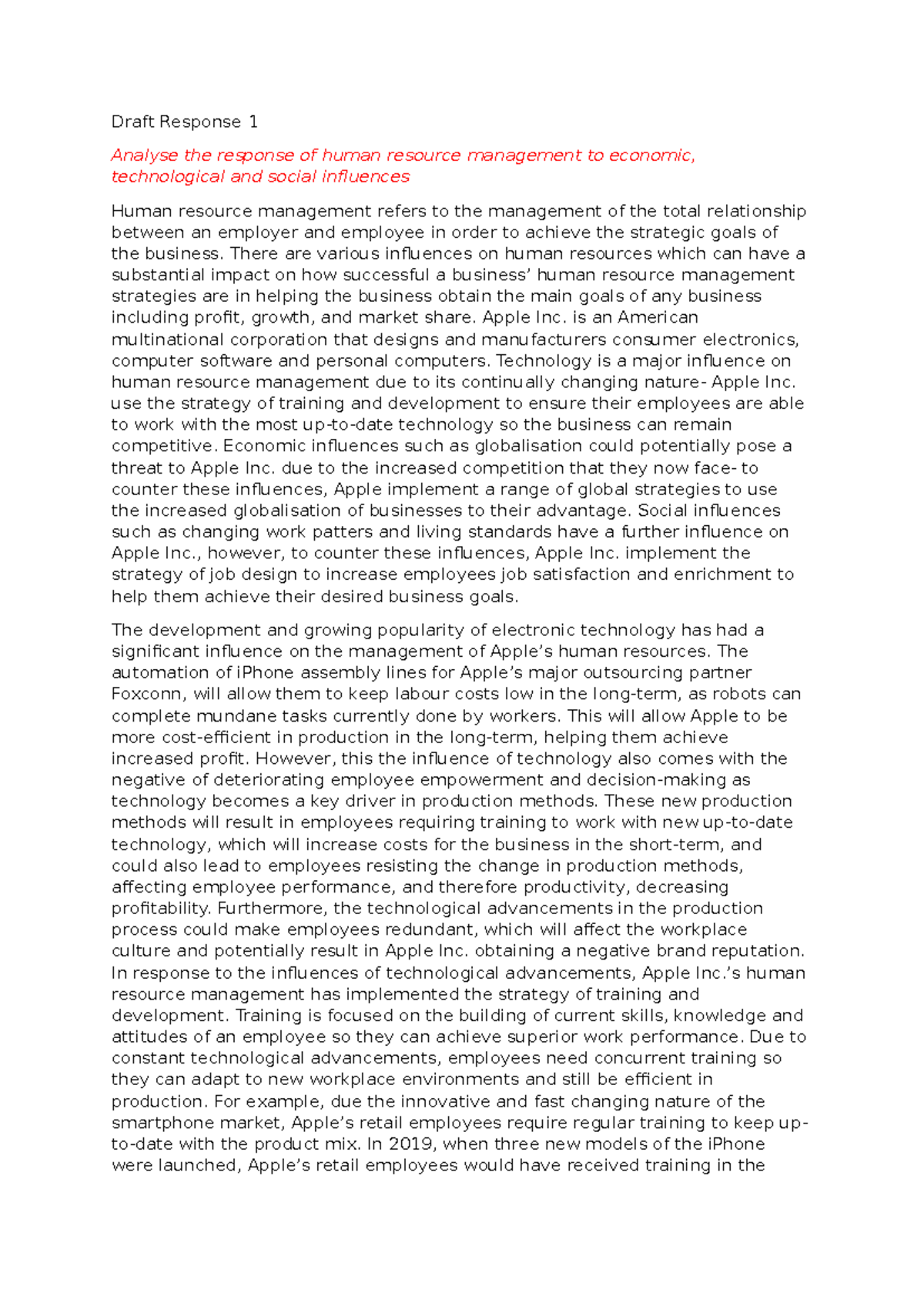 TOPIC 4- Influences on Human Resources - Draft Response 1 Analyse the ...