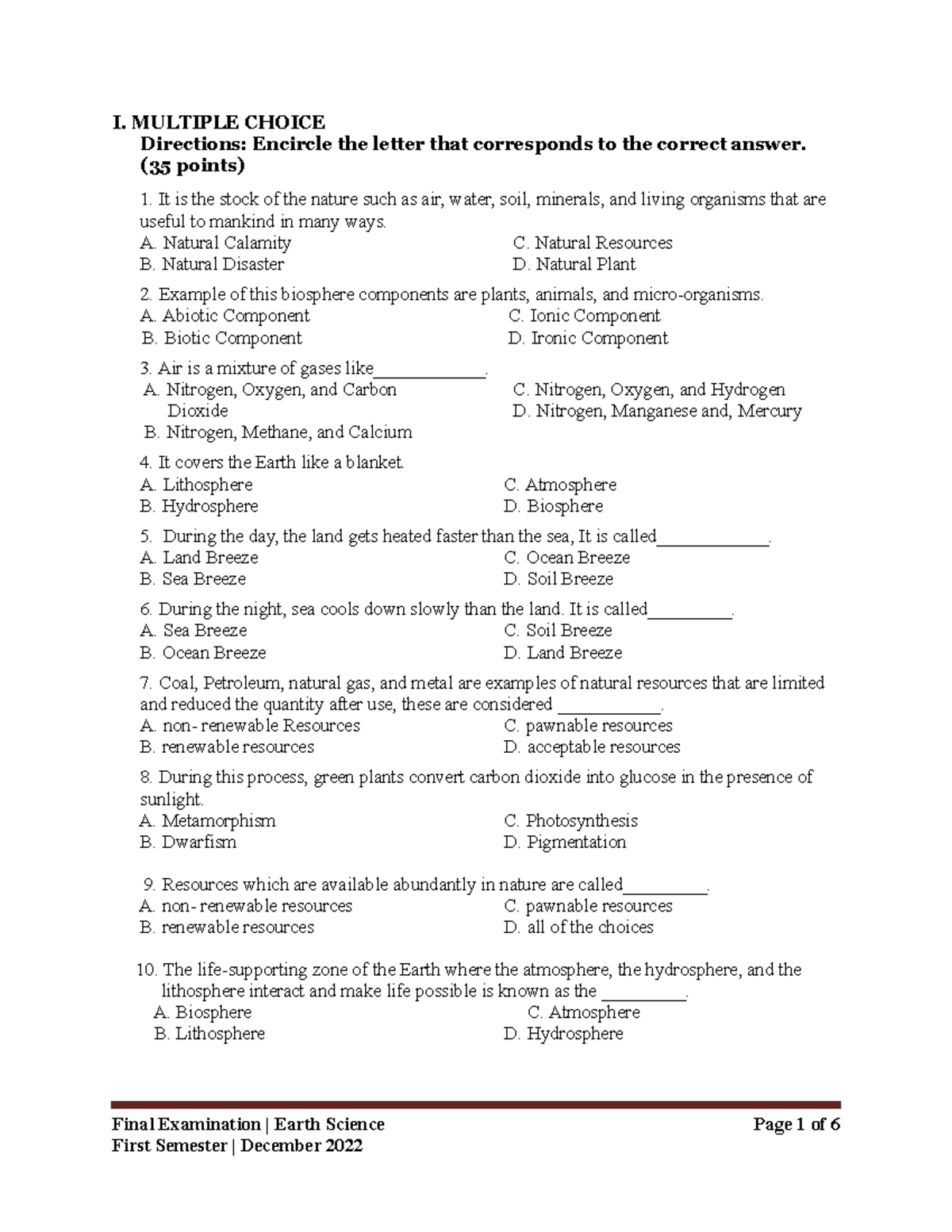 Final EXAM IN Earth Science with name - I. MULTIPLE CHOICE Directions ...