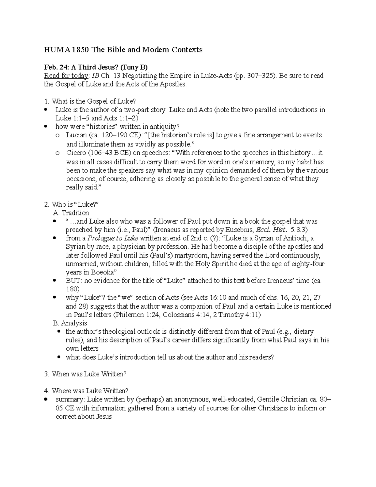 HUMA1850 2020 18 Luke-Acts Lecture Outline - HUMA 1850 The Bible and ...