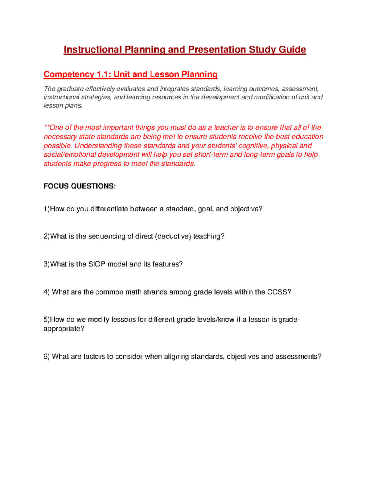 C133 Study Guide - Instructional Planning and Presentation Study Guide ...