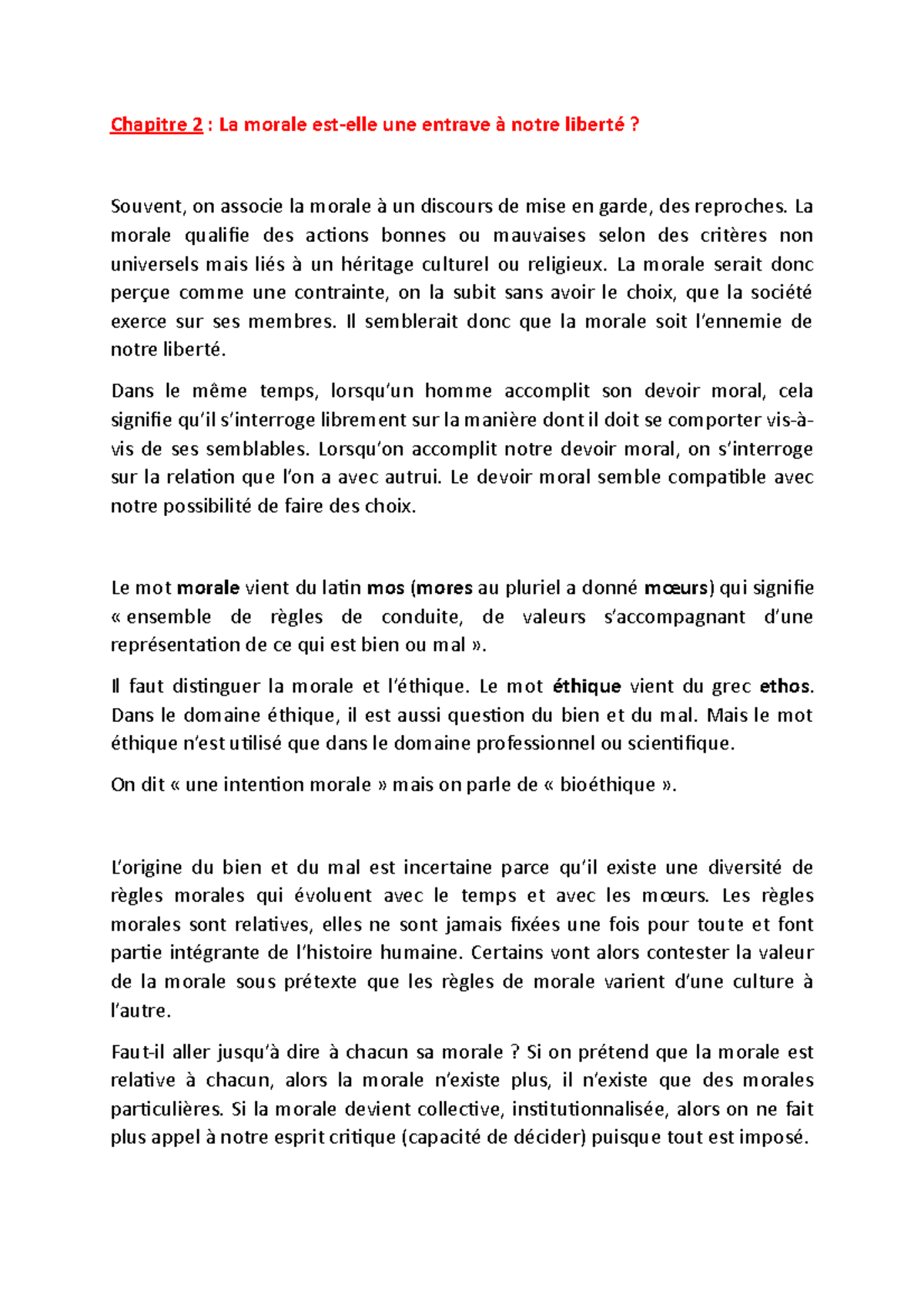 11. la morale - Notes de cours 11 - Chapitre 2 : La morale est-elle une ...