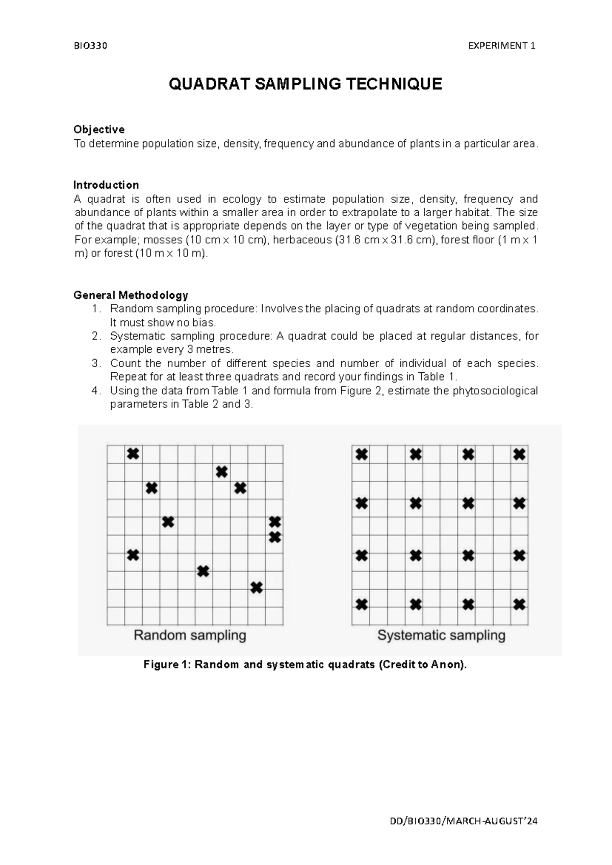 EXP 1 Quadrat Sampling Technique - BIO330 EXPERIMENT 1 DD/BIO330/MARCH ...