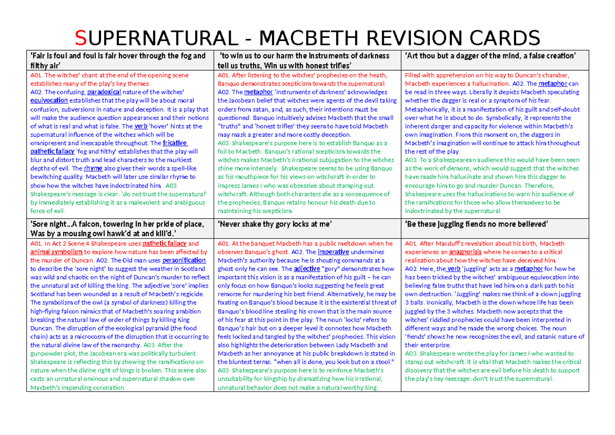 Supernatural Macbeth Revision Cards - SUPERNATURAL - MACBETH REVISION ...