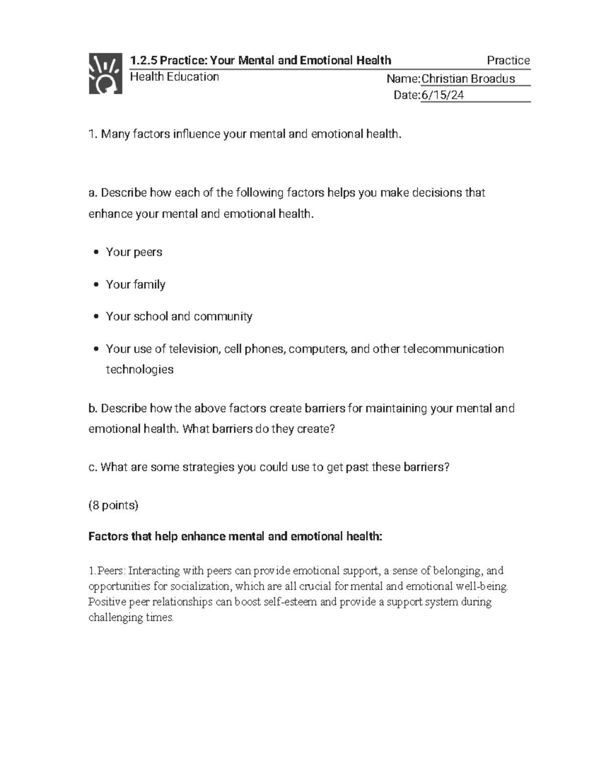 1.2.5 Practice - Your Mental and Emotional Health (Practice) - 1.2 ...