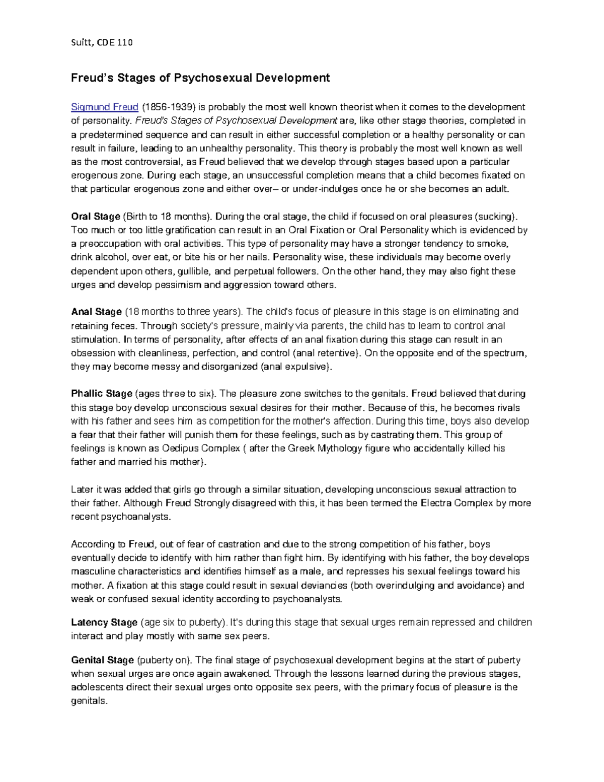 Freud study guide Child Development CDE-118 - Suitt, CDE 110 Freud’s ...