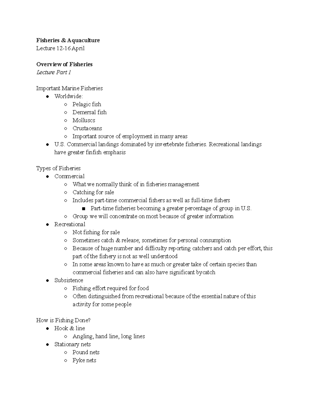 Fisheries & Aquaculture Lec 12-16 April - Fisheries & Aquaculture Lecture 12-16 April Overview ...