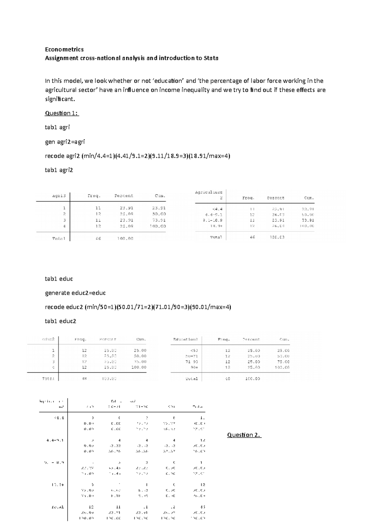 Assignment cross sectional data - Econometrics Assignment cross-national analysis and ...