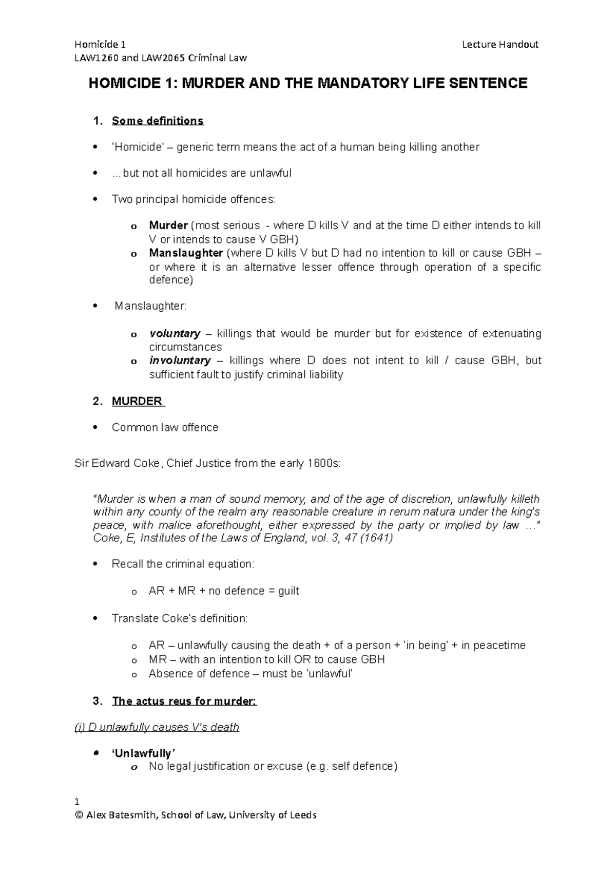 Homicide-1 Handout - Homicide 1 - LAW1260 and LAW2065 Criminal Law ...
