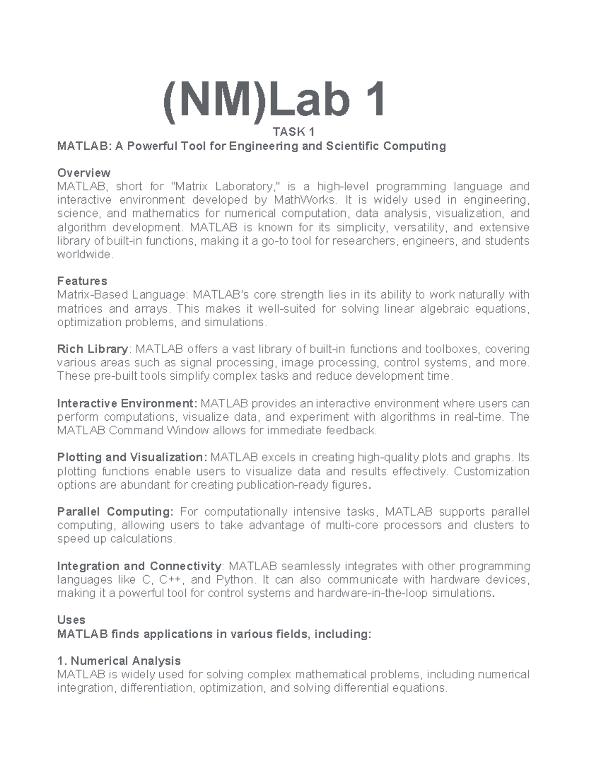 NM LAB 1 TASK1,2 - errrtg - (NM)Lab 1 TASK 1 MATLAB: A Powerful Tool for Engineering and ...