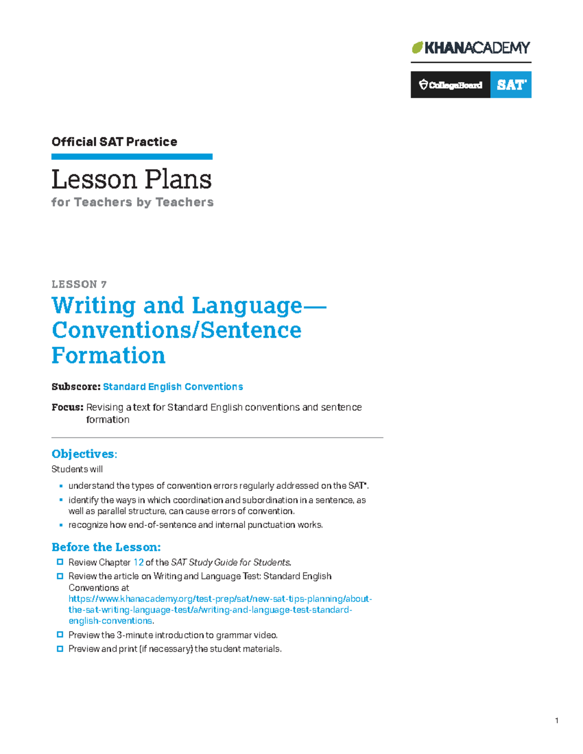 Official sat practice lesson plan writing language conventions - 1 ...