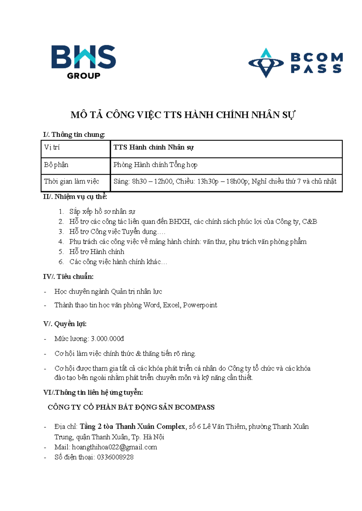 JD TTS HCNS Bcompass - MTCV - MÔ TẢ CÔNG VIỆC TTS HÀNH CHÍNH NHÂN SỰ I/. Thông tin chung: Vị trí ...