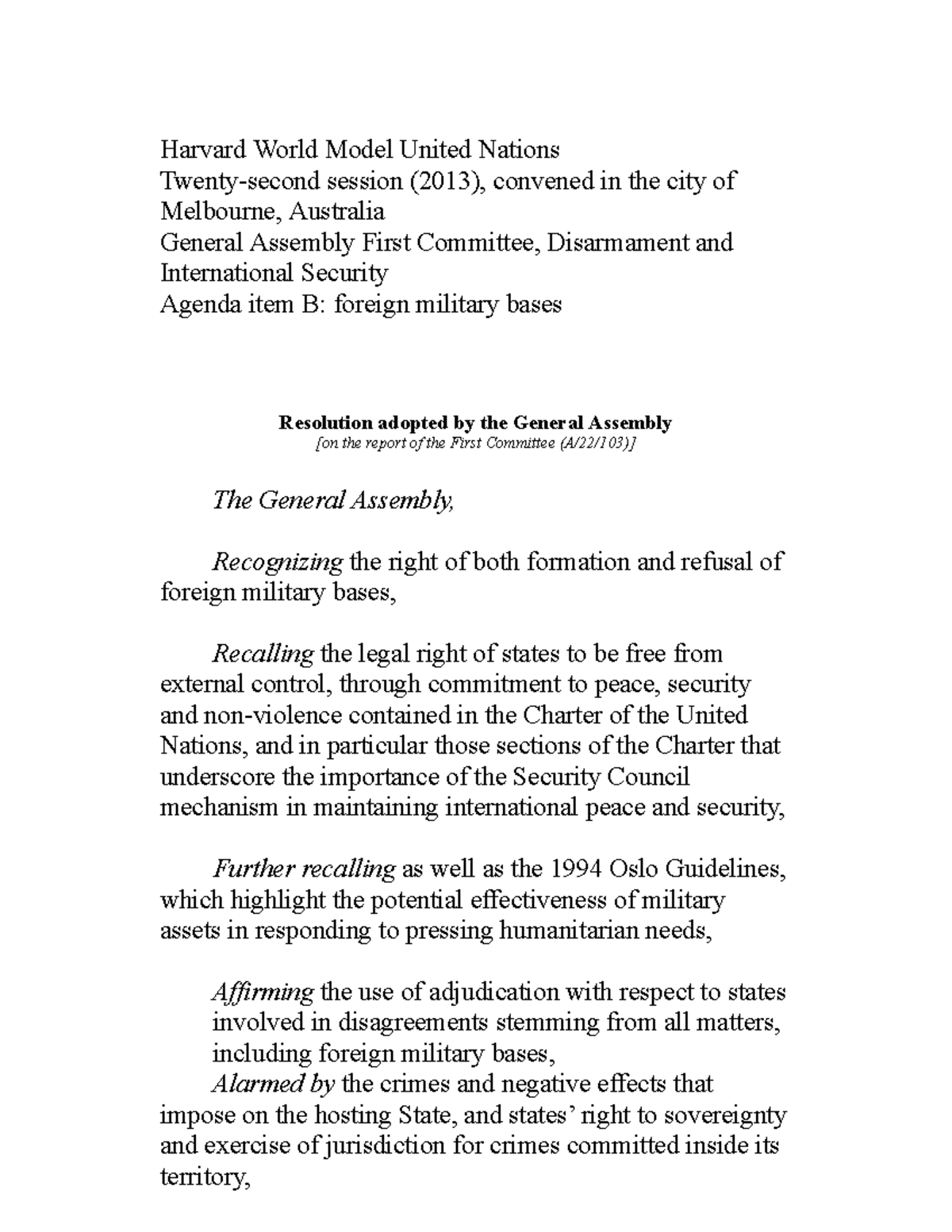 Disec 2013 Resolution - Harvard World Model United Nations Twenty ...