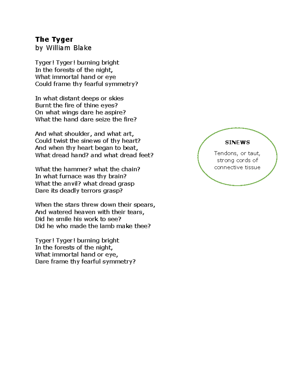 The Tyger poem and interp - The Tyger by William Blake Tyger! Tyger ...