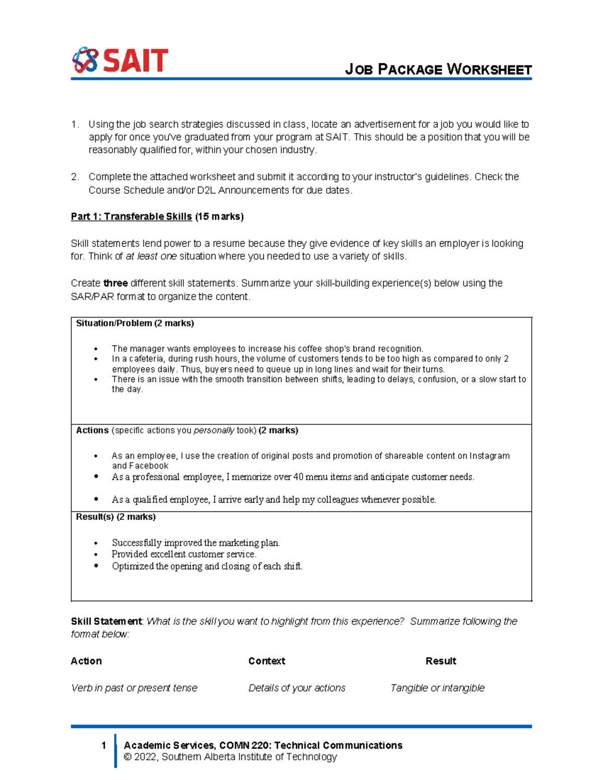 Job Package Worksheet - sdvdv - 1. Using the job search strategies ...