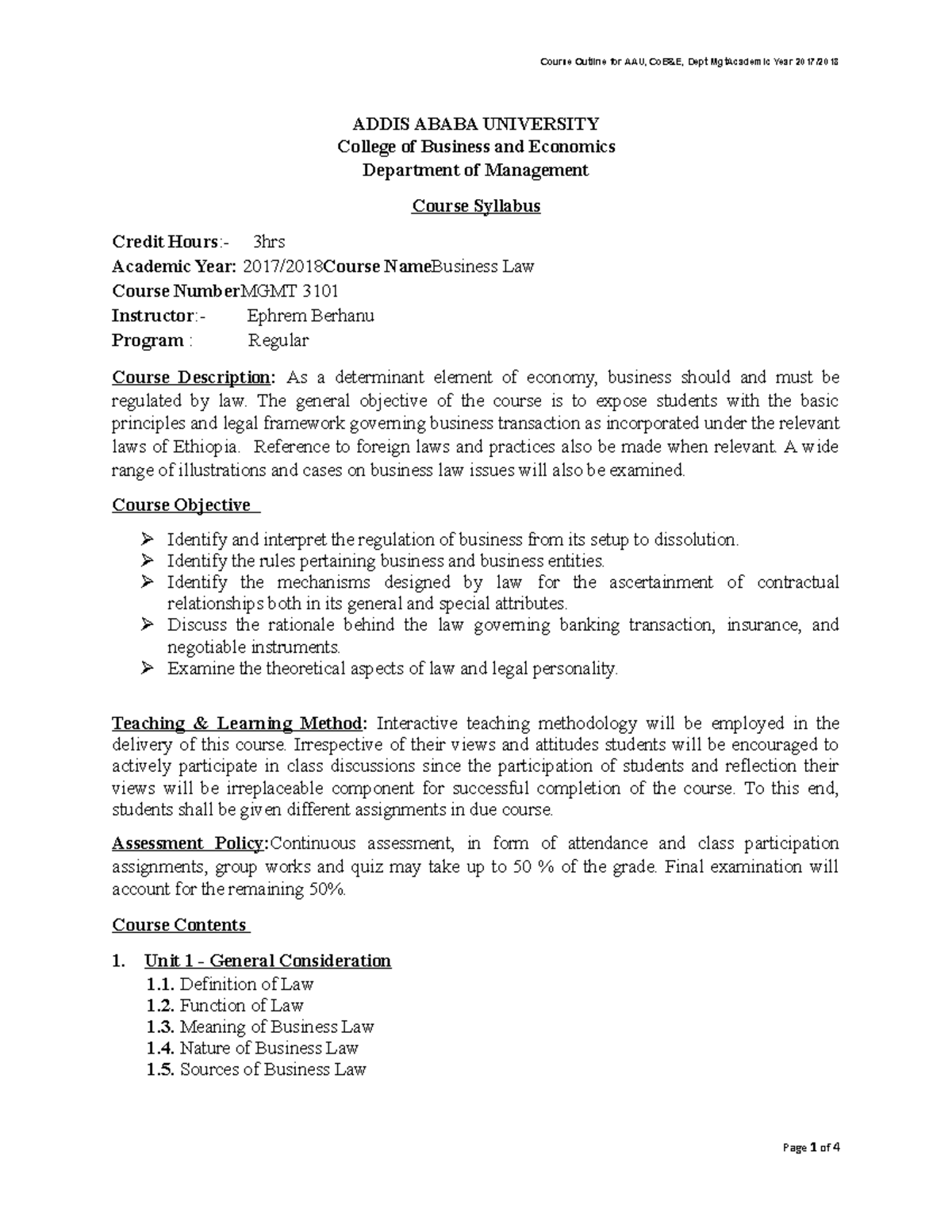 Course outline ACFN2022 from our instructor - ADDIS ABABA UNIVERSITY ...