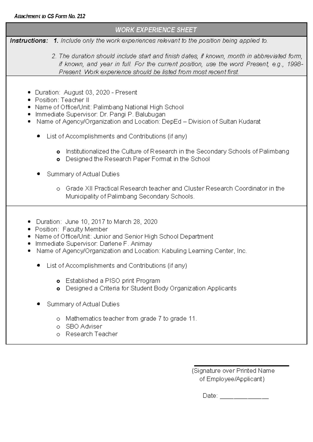 CS Form No. 212 Attachment - Work Experience Sheet - (Signature over ...