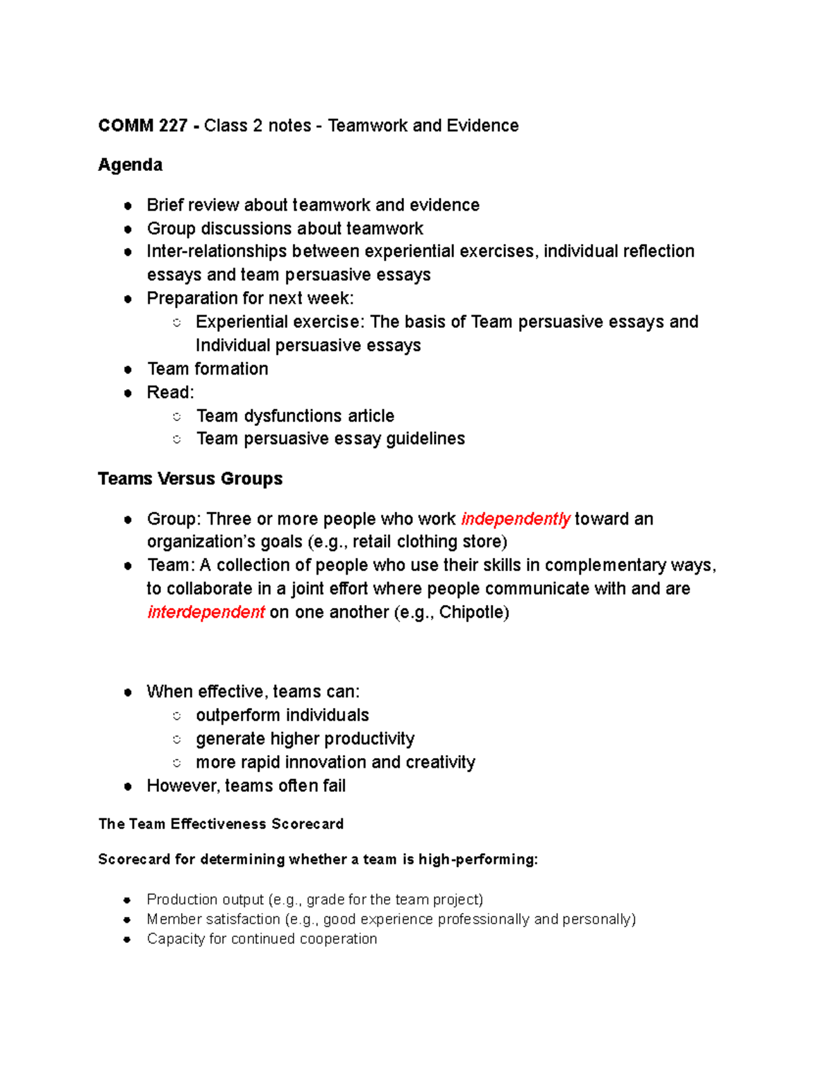 Class 2 notes - Teamwork and Evidence - COMM 227 - Class 2 notes ...