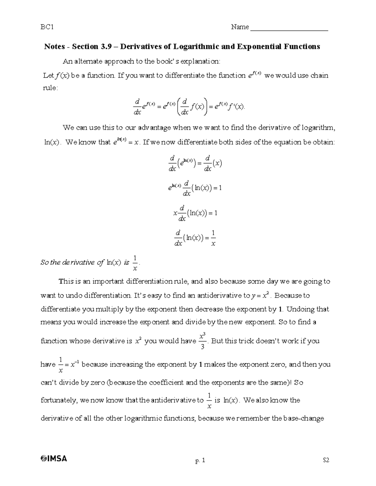 Derivatives of log funcitons - BC1 Name _____________________ p. 1 S ...