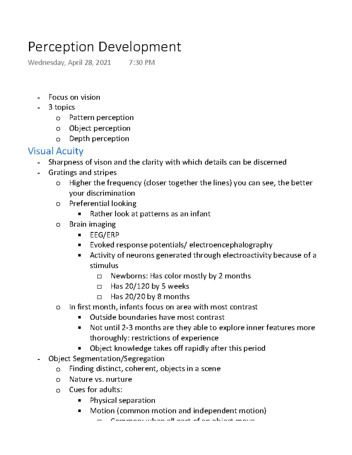 Perception Development - Focus on vision 3 topics ï Pattern perception ...