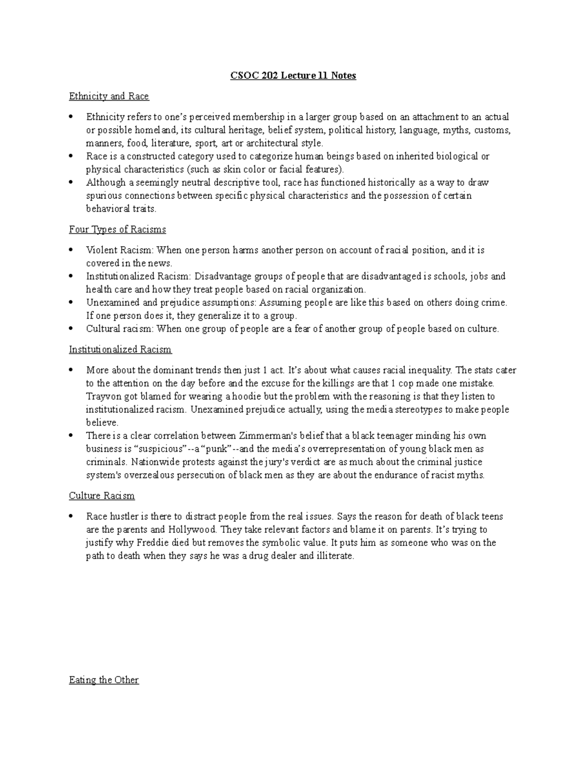 CSOC-202-Lecture-11-Notes - CSOC 202 Lecture 11 Notes Ethnicity and ...