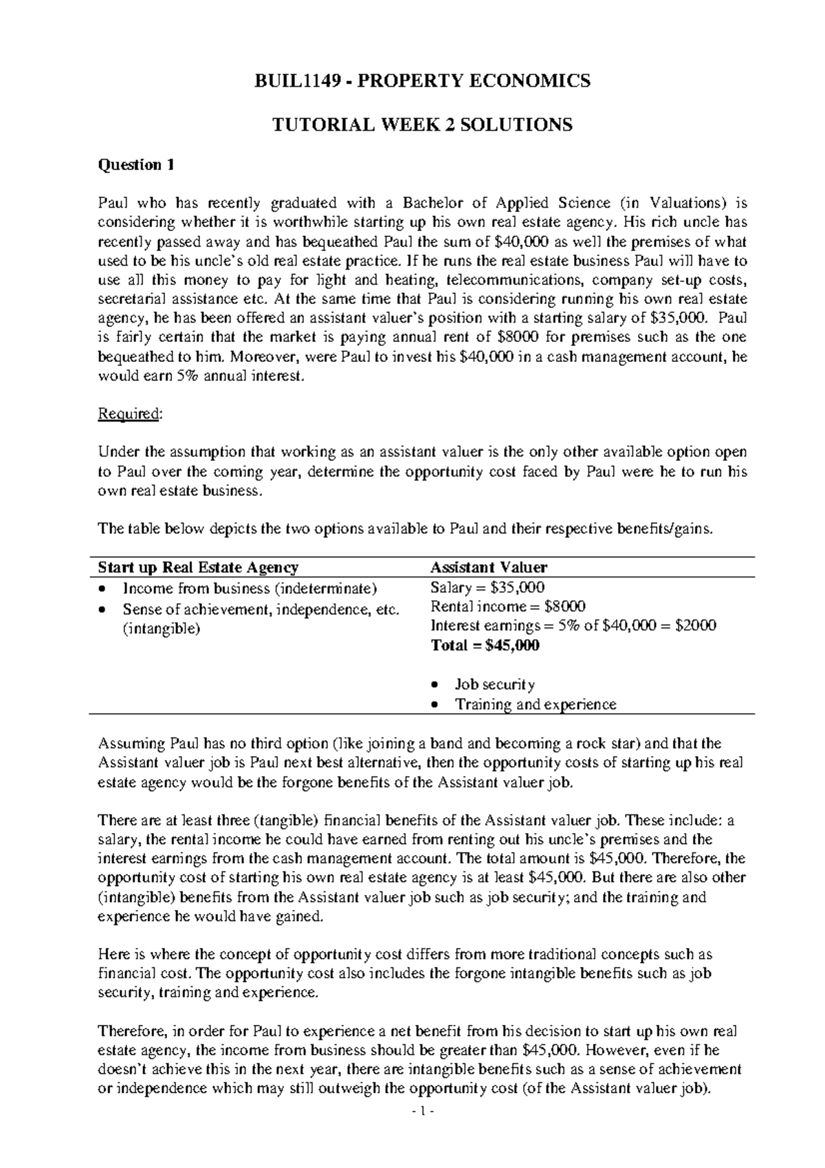 Economics Tutorial 2 Solutions - BUIL1149 - PROPERTY ECONOMICS TUTORIAL ...