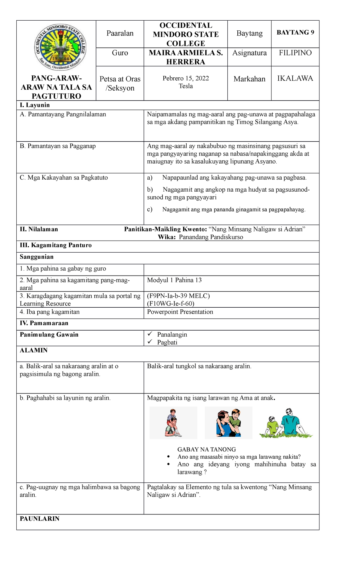 DLL (Panandang Pandiskurso-Nang minsang naligaw si Adrian) - PANG-ARAW- ARAW NA TALA SA ...