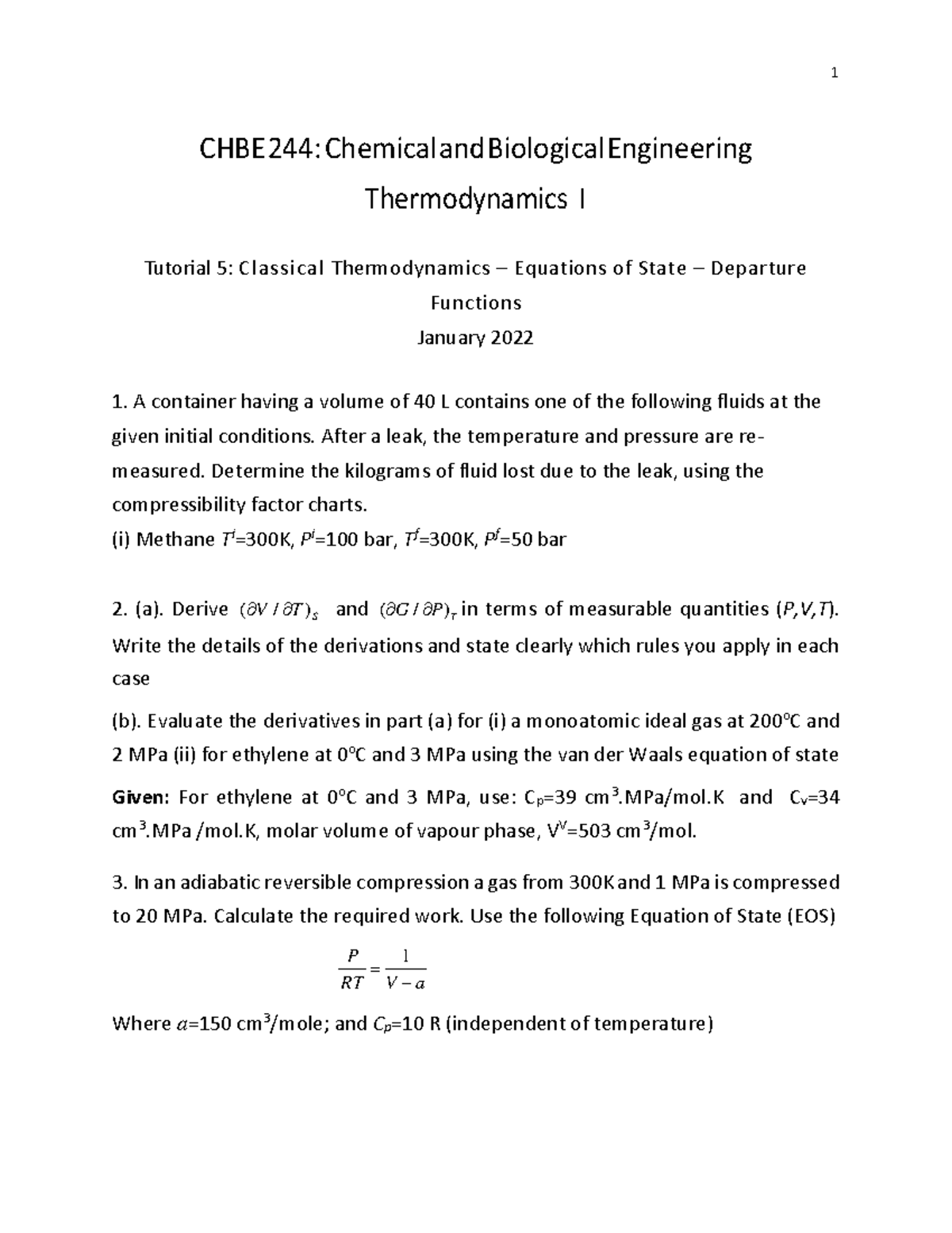 CHBE244 Tutorial 05 Classical Thermo - Eo S - CHEM121 - UBC - Studocu