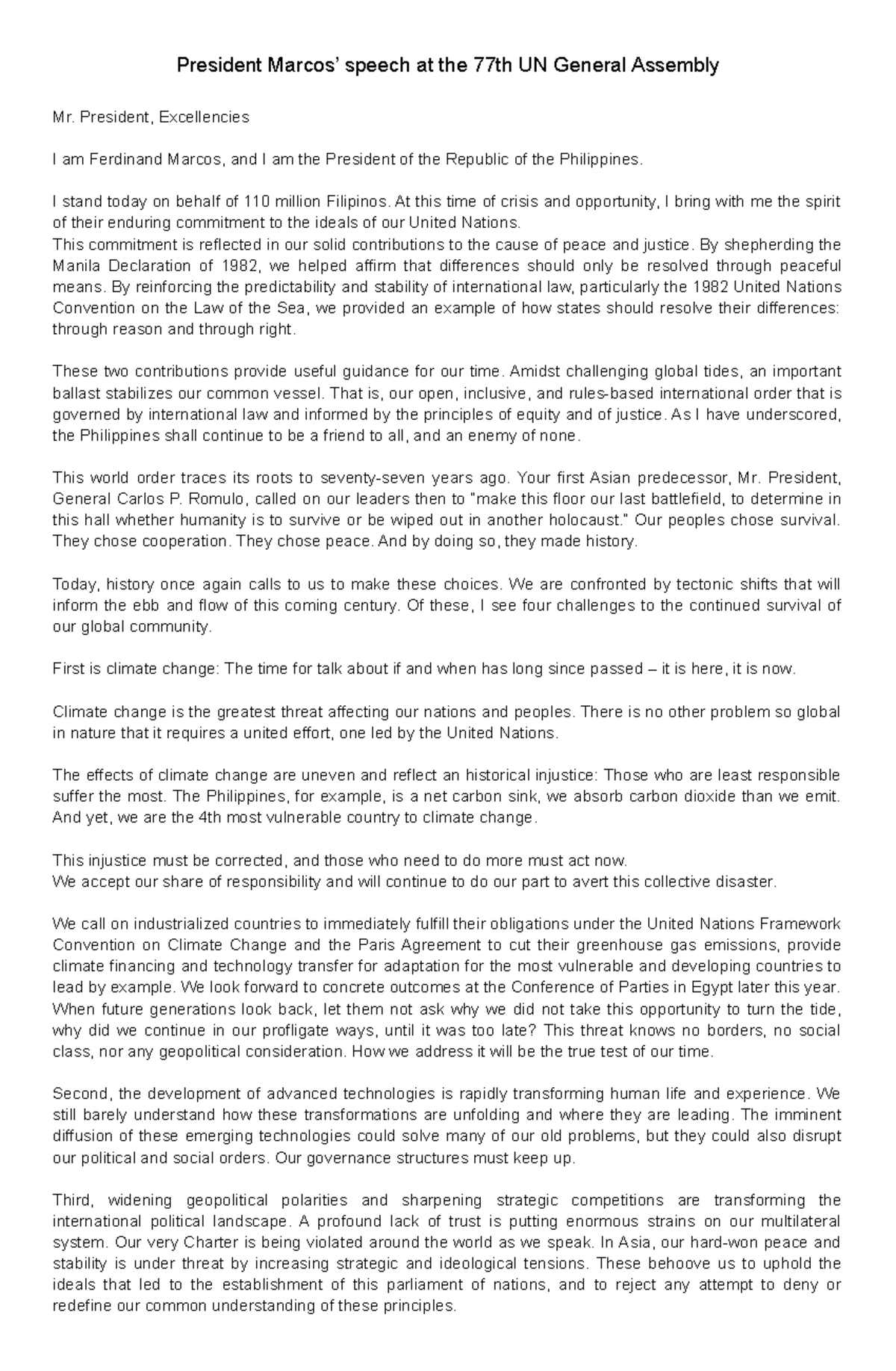 BONG BONG Marcos Speech - President Marcos’ speech at the 77th UN ...