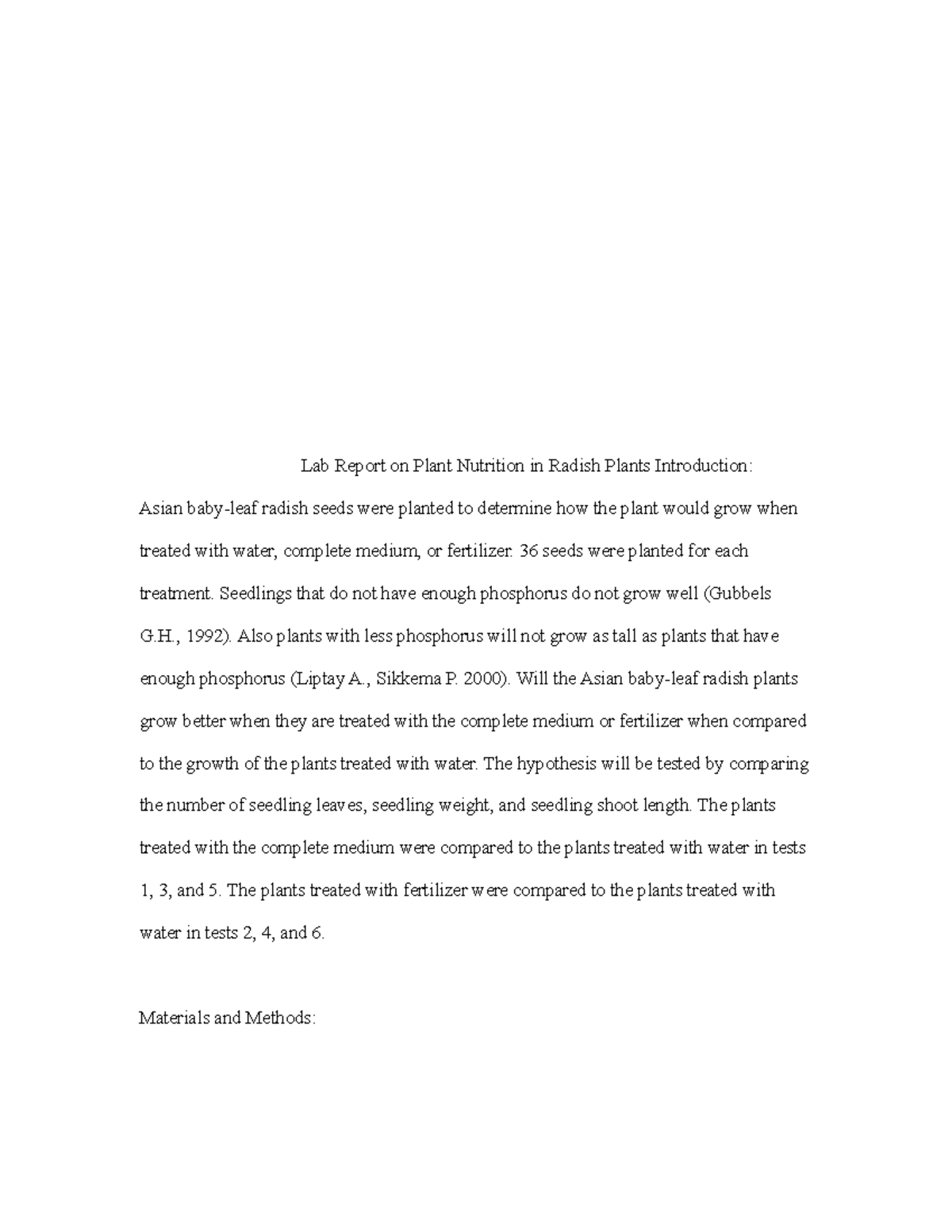 Paper 2-Radish Lab Report-1 - Lab Report on Plant Nutrition in Radish ...