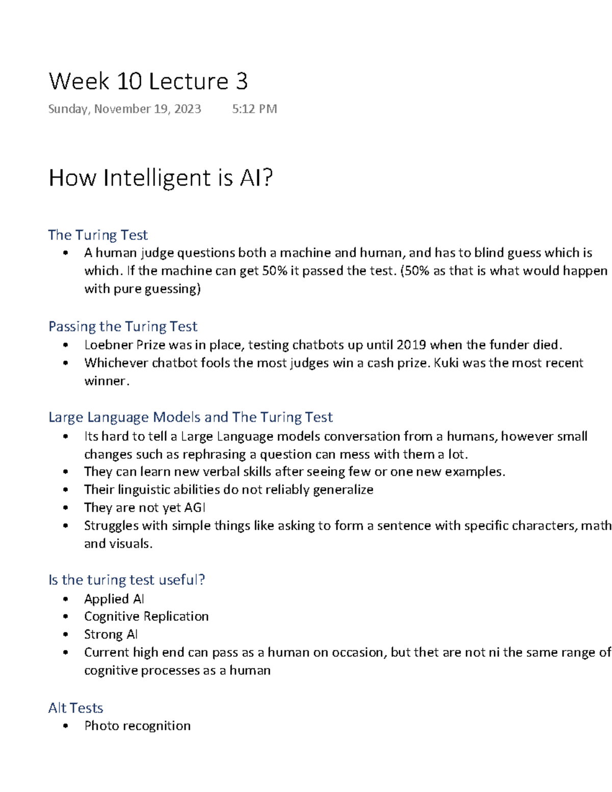 Cogs Week 10 Lecture 3 How Intelligent Is Ai The Turing Test A Human Judge Questions Both A