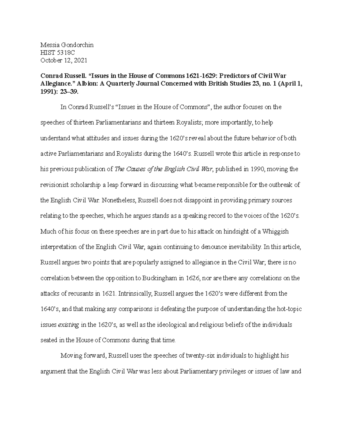 Summary of Issues in the House of Commons - Messia Gondorchin HIST ...