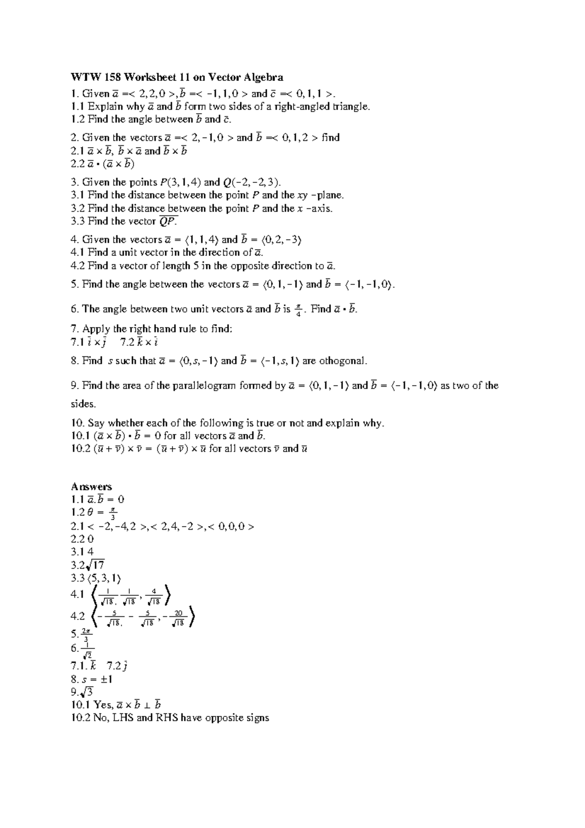 Worksheet 11 on Vectors - WTW 158 Worksheet 11 on Vector Algebra 1 ...