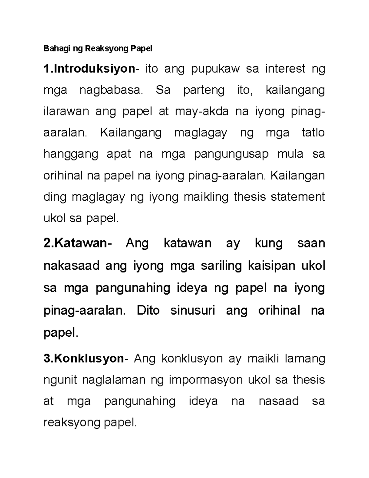 Bahagi ng Reaksyong Papel - Sa parteng ito, kailangang ilarawan ang ...