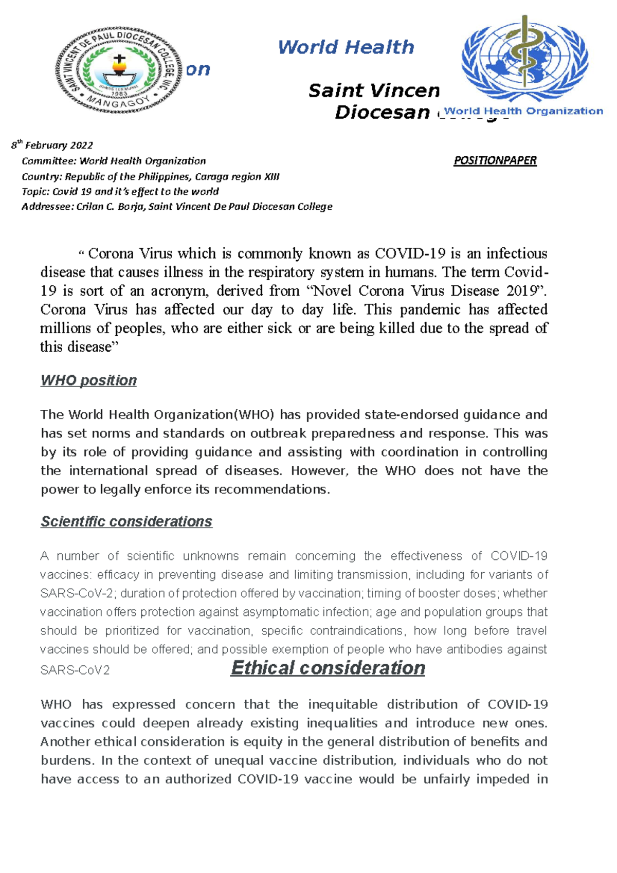 Prelim position paper - World Health Organization Saint Vincent De Paul ...