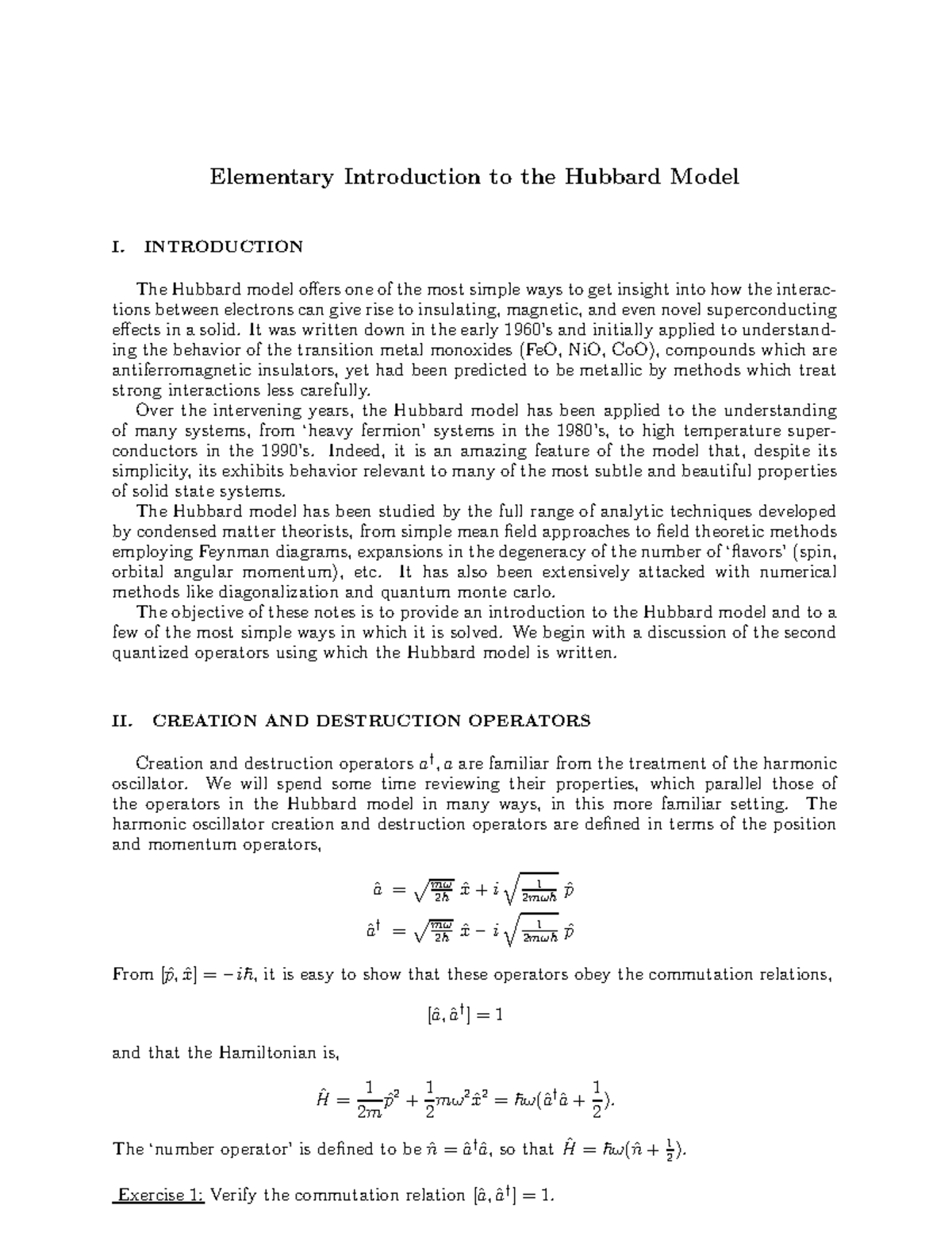 Elementary Introduction to the Hubbard Model - INTRODUCTION The Hubbard ...