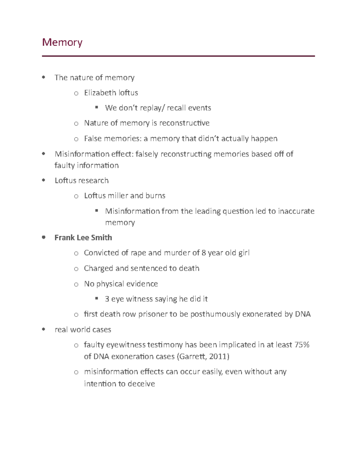 Memory - Lecture notes 7 - Memory The nature of memory o Elizabeth ...